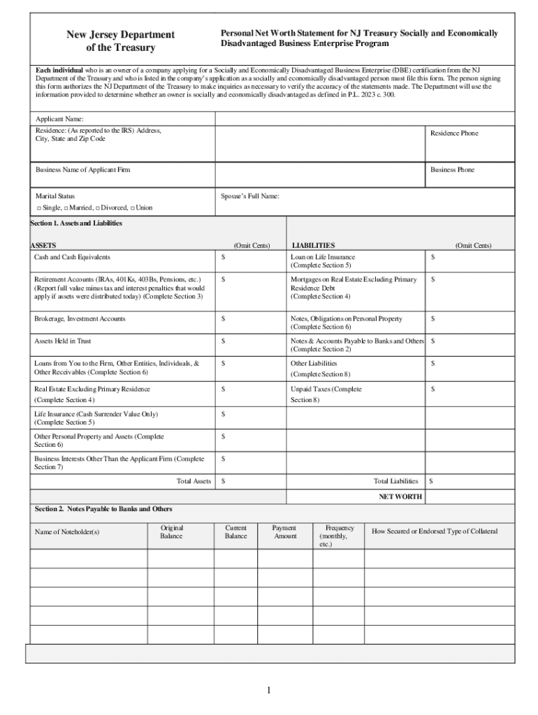 Fillable Online Personal Net Worth Statement for NJ Treasury Socially ...