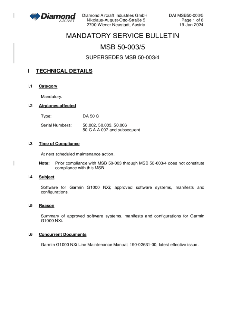 Fillable Online MANDATORY SERVICE BULLETIN NO. MSB 40-070/1 ... Fax ...