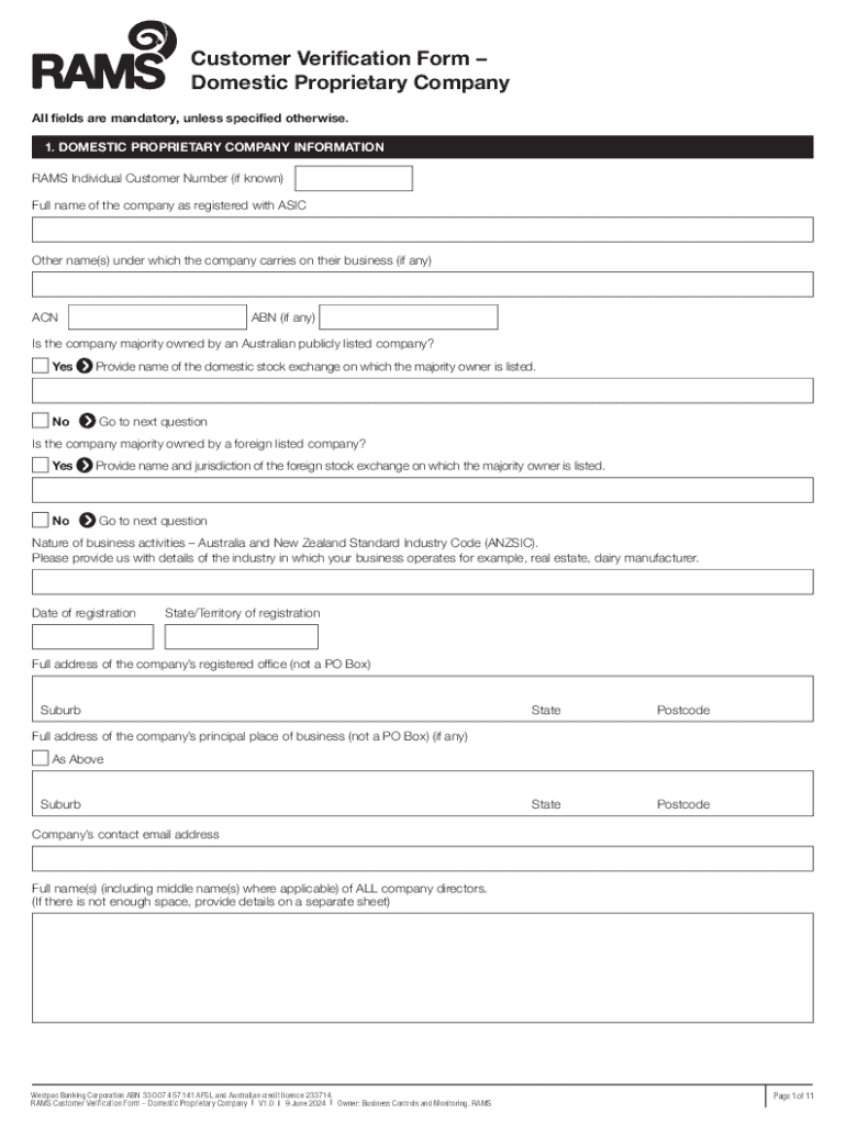 Fillable Online Customer Verification Form Domestic Proprietary Company ...
