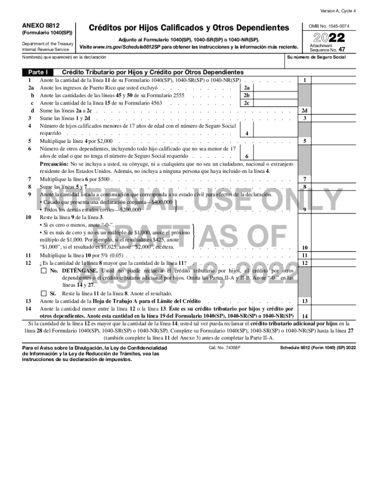 Rellenable en línea 2022 Schedule 8812 (Form 1040(SP)). Credits for ...