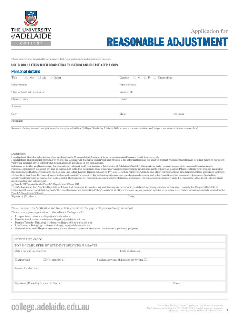 Fillable Online ICA Reasonable Adjustments Application Form Fax Email Print - pdfFiller
