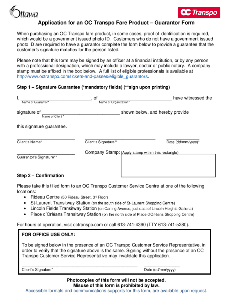 Fillable Online Application for an OC Transpo Fare ProductGuarantor ...