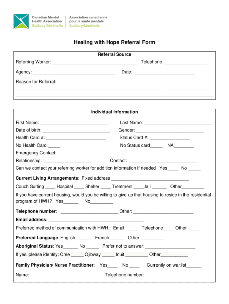 Fillable Online Healing with Hope Referral Form Fax Email Print - pdfFiller