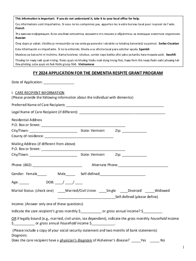 Fillable Online Application for the Dementia Respite Grant Program ...