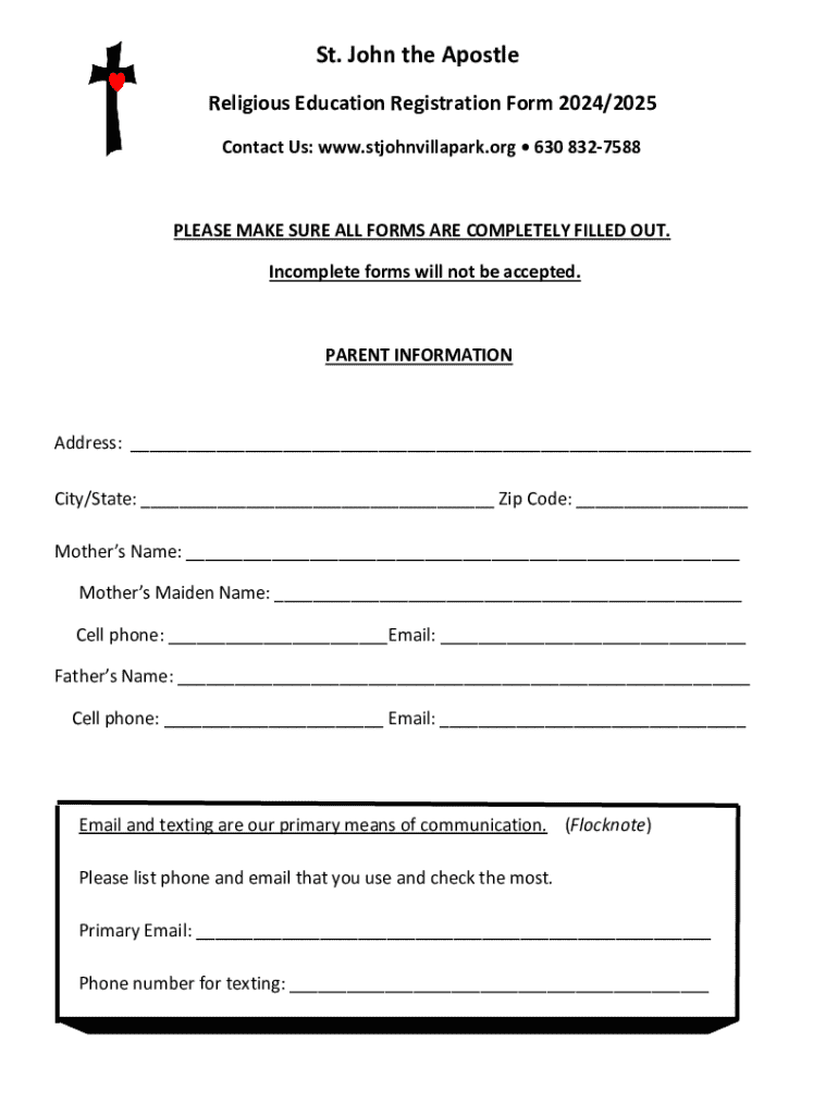 Fillable Online Parish Registration - St. John the Apostle Catholic ...