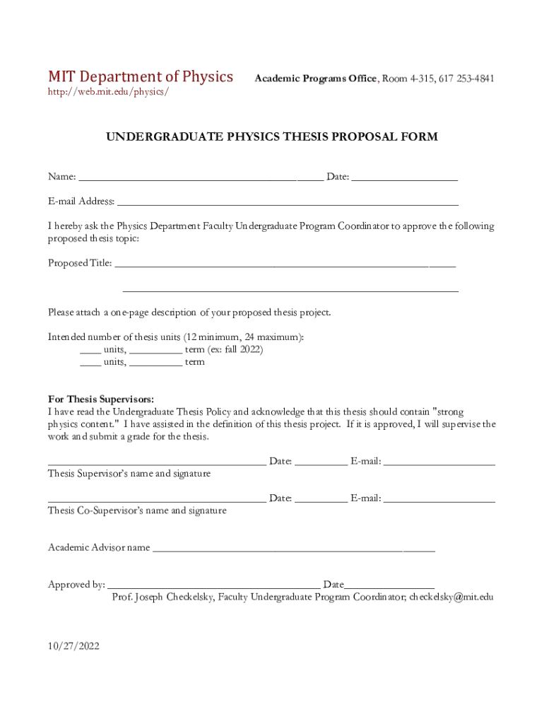 Fillable Online undergraduate physics thesis proposal form Fax Email ...