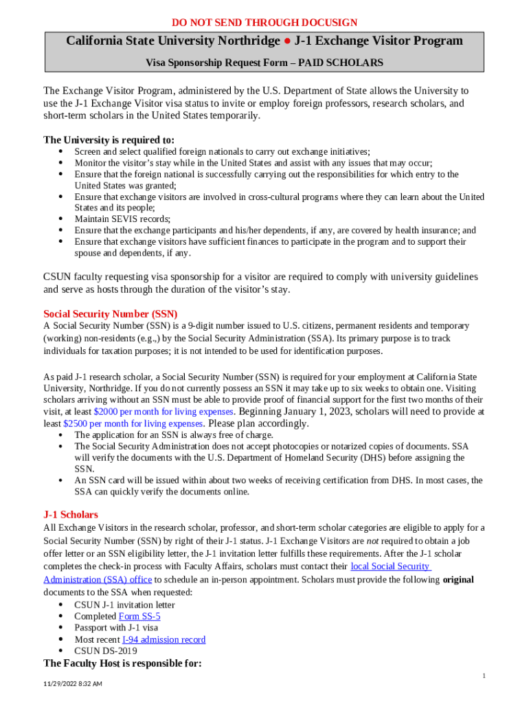CSUN J-1 Visiting Scholar Request Doc Template | pdfFiller