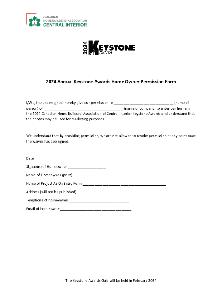 Fillable Online 2024 Keystone Awards Home Owner Permission Form ...