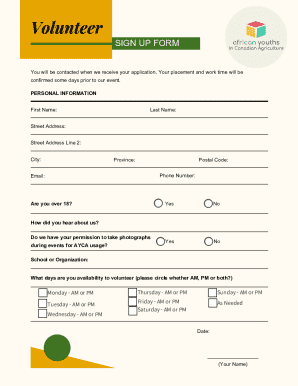 Fillable Online Volunteer Sign up Form - Get Involved Today | Yearly ...