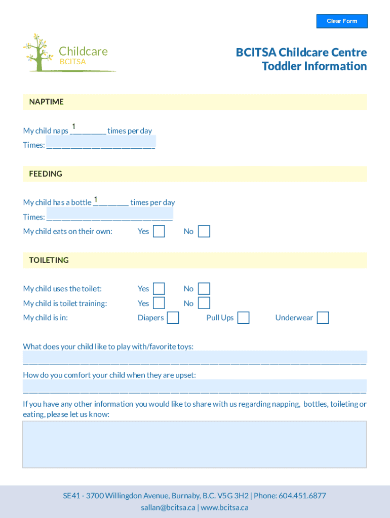 Fillable Online Bcitsa Childcare Centre Toddler Information Form Fax Email Print - pdfFiller
