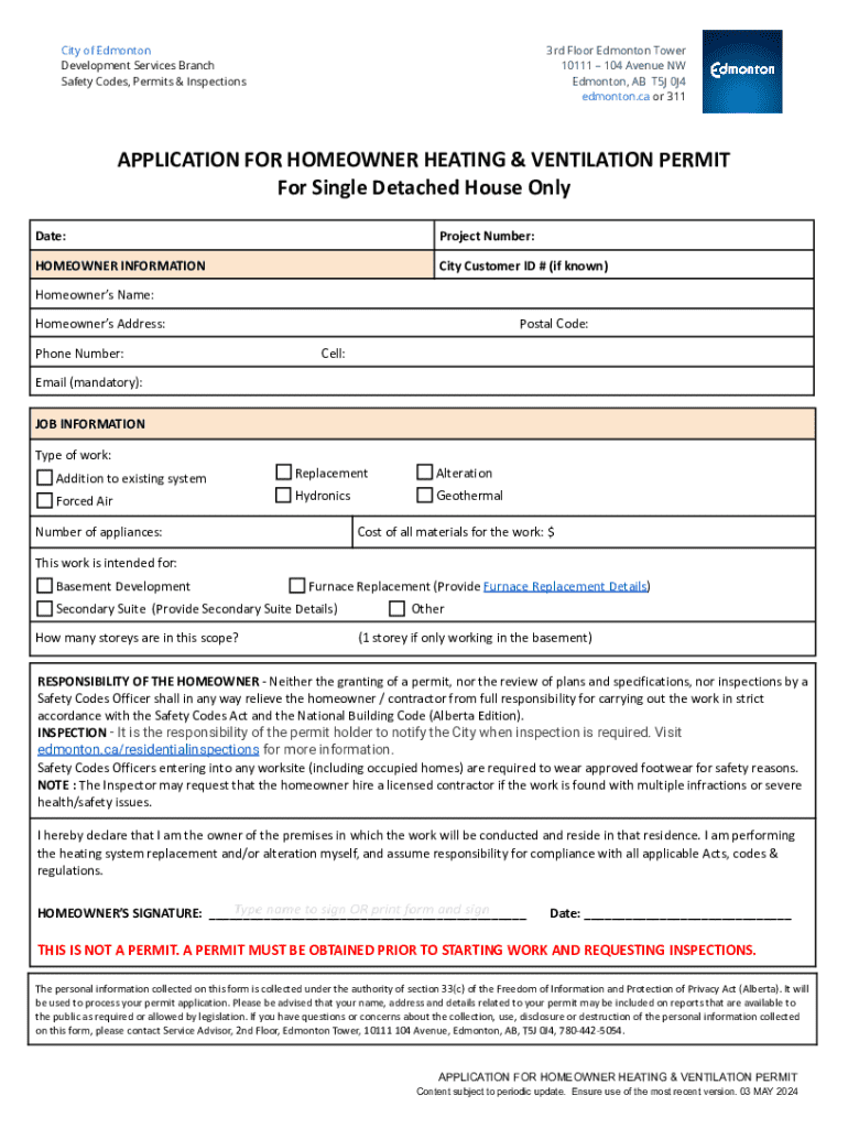 Fillable Online HVACpermitapplicationformforhomeowners. Application for ...