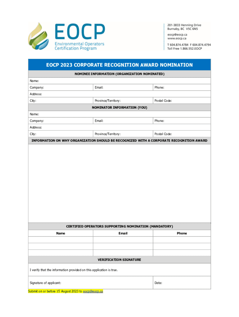 Fillable Online 2023 Corporate Recognition Award Nomination Form Fax Email Print - pdfFiller