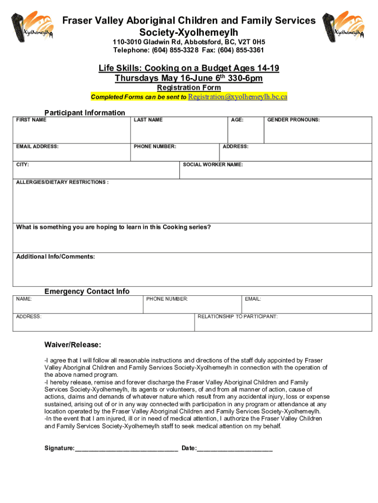 Fillable Online Life Skills Cooking Registration Form - Fraser Valley ...