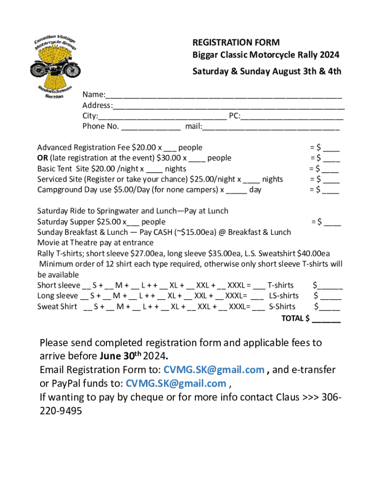 Fillable Online Biggar Classic Motorcycle Rally 2024 Registration Form ...