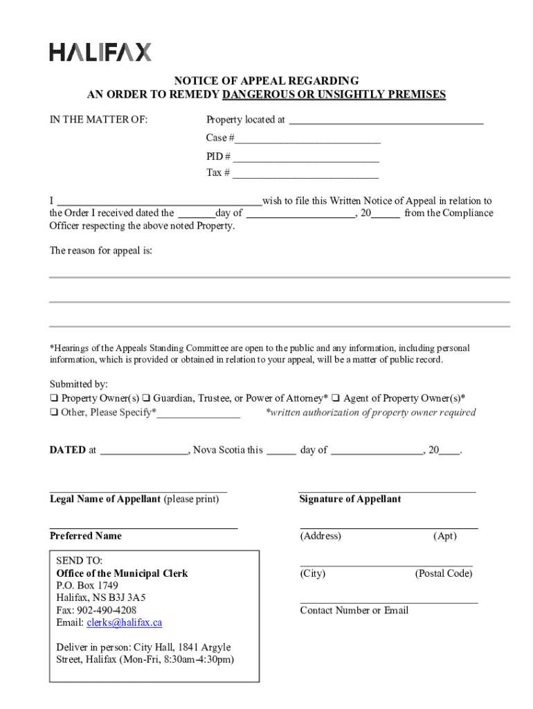 Fillable Online Notice of Appeal for Property Located at [case #] [pid ...