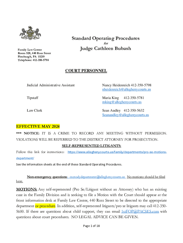Fillable Online Standard Operating Procedures Judge Cathleen Bubash Fax ...