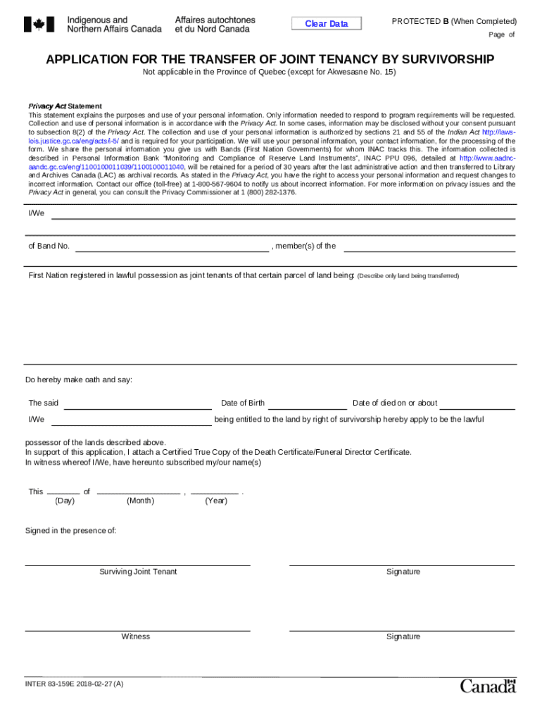 Fillable Online APPLICATION FOR THE TRANSFER OF JOINT TENANCY BY ...