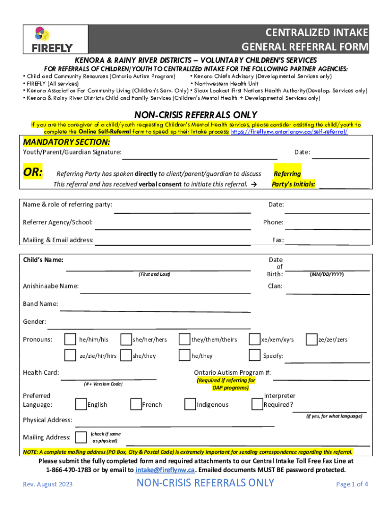 Fillable Online CENTRALIZED INTAKE GENERAL REFERRAL FORM - FireFly Fax ...