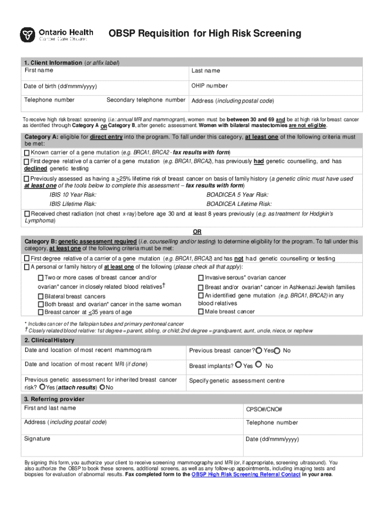 Fillable Online High Risk Ontario Breast Screening Program (OBSP ...