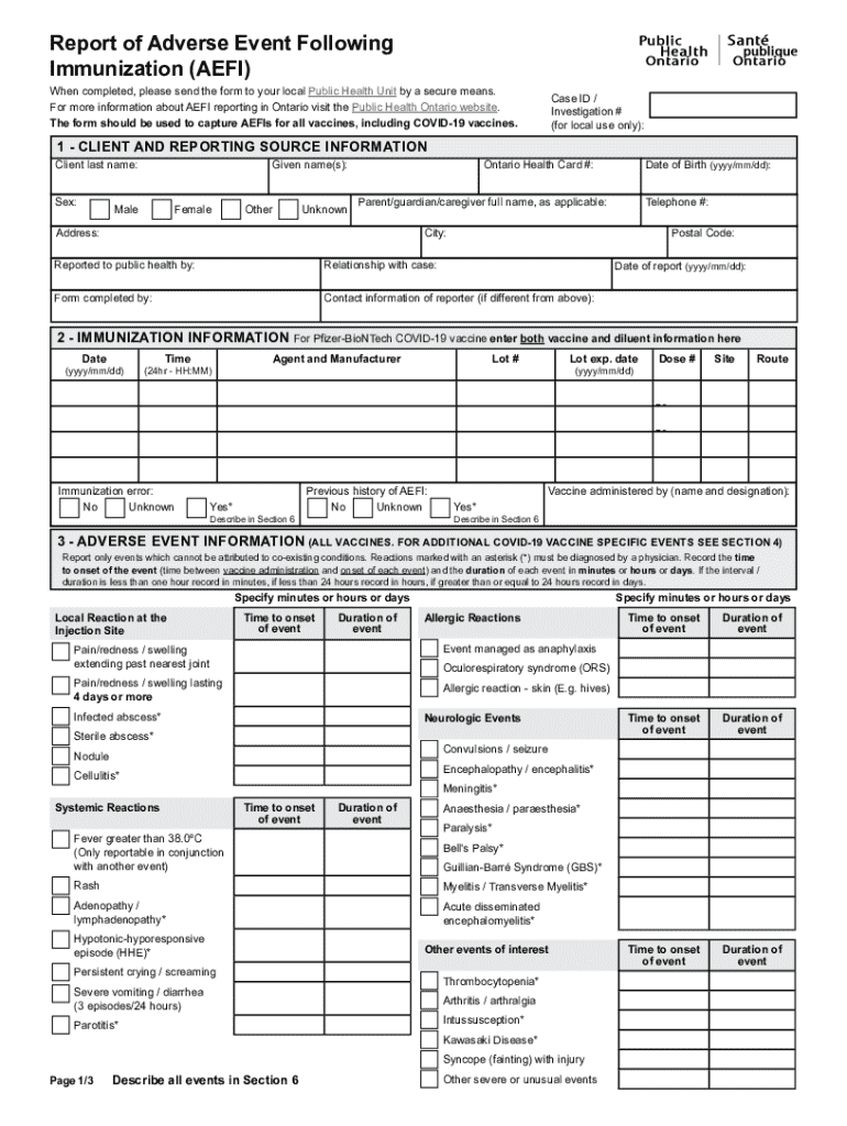 Fillable Online Adverse Events Following Immunization (AEFI) Reporting ...