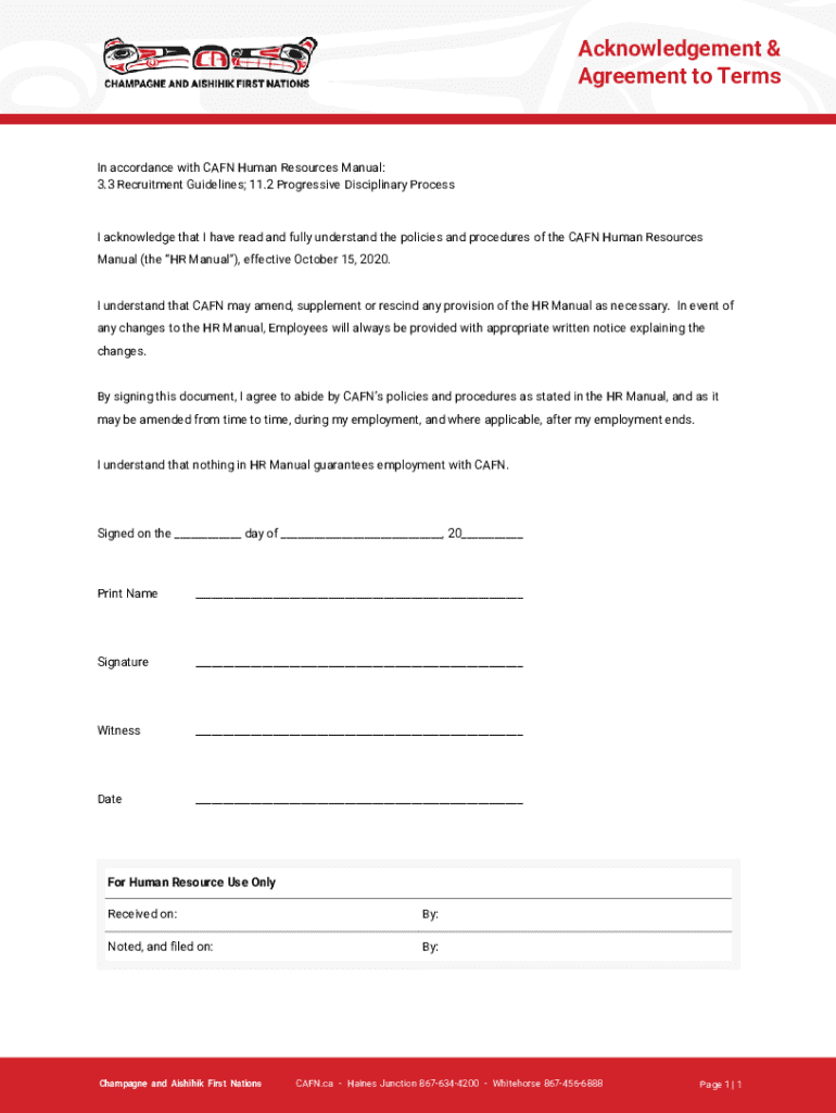 Fillable Online Acknowledgement & Agreement to Terms - Cafn Human Resources Manual: Recruitment ...