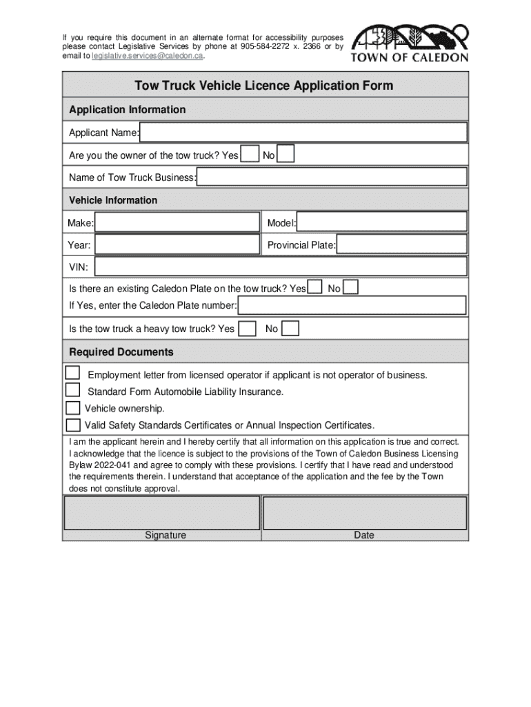 Fillable Online Tow Truck Vehicle Licence Application Form - Caledon 2022 License | Requirements ...