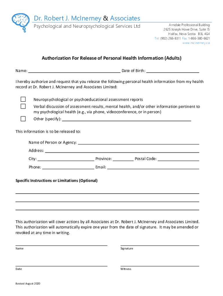Fillable Online Authorization for Release of Personal Health ...