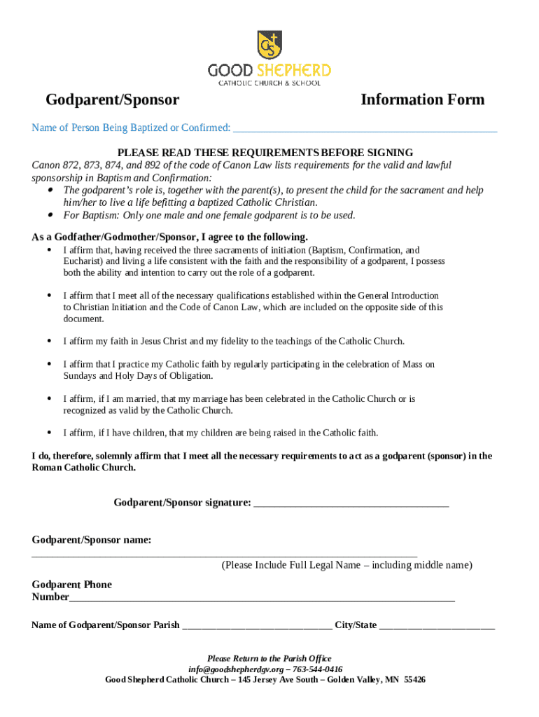 Baptism Godparent's - Holy Spirit Catholic Church Doc Template | pdfFiller