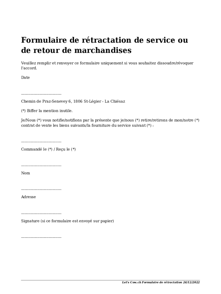 Remplissable en ligne Formulaire de rtractation de service ou de retour de ... Fax Email ...