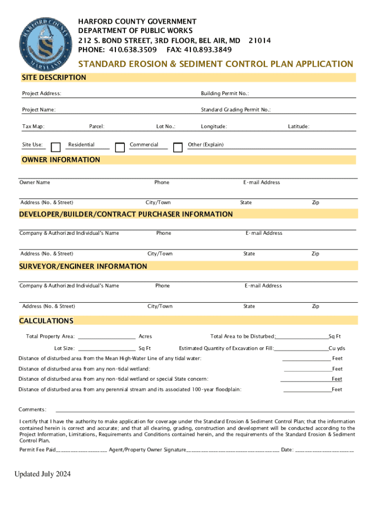 Fillable Online Standard Erosion & Sediment Control Plan Application ...