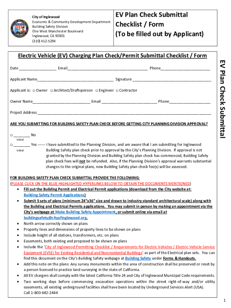 Fillable Online Electric Vehicle (EV) Charging Plan Check/Permit ...