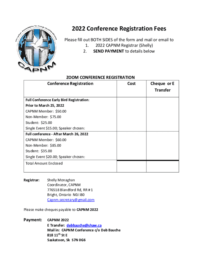 Fillable Online 2022 Conference Registration Fees - Capnm Registration ...