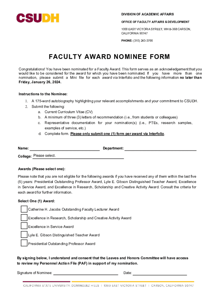 Fillable Online Faculty Awards Nominee Form. Faculty Awards Nominee ...