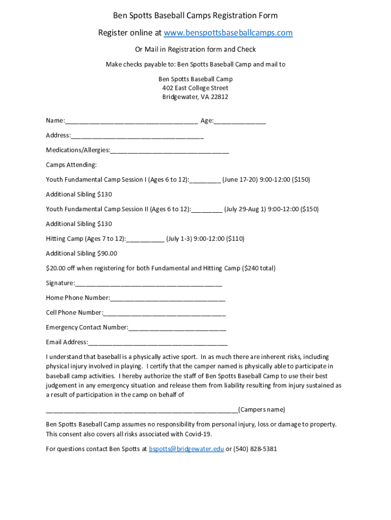 Fillable Online Ben Spotts Baseball Camps Registration Form Fax Email ...