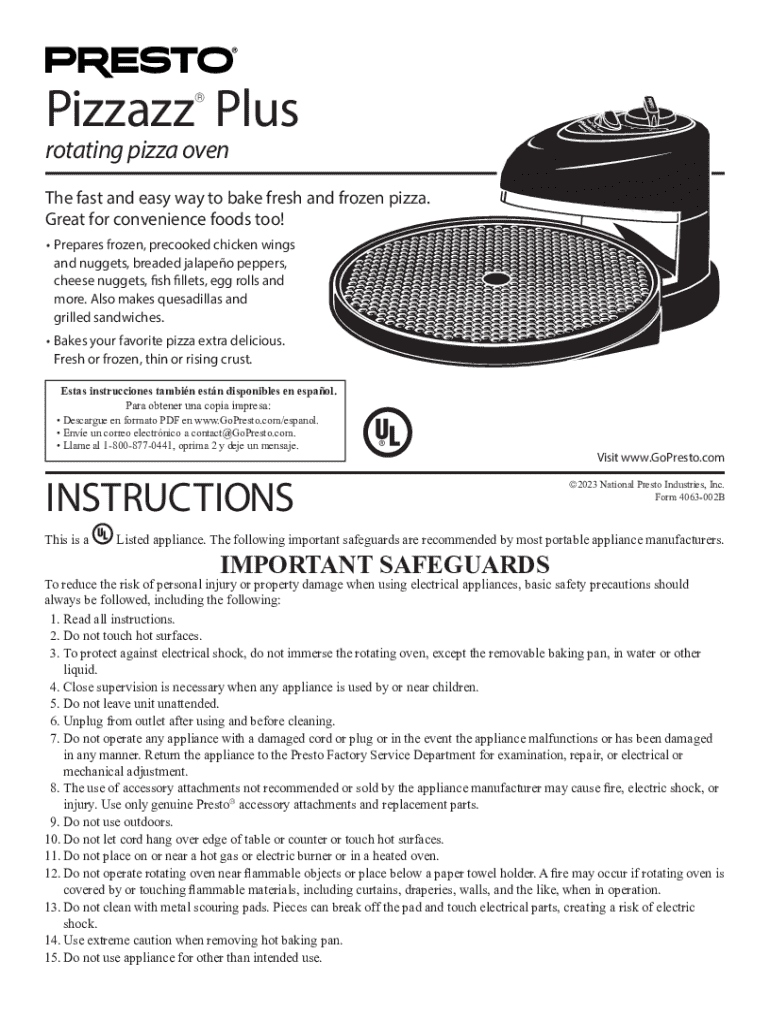 Fillable Online Presto Pizzazz Plus Rotating Pizza Black Oven 1235 ...