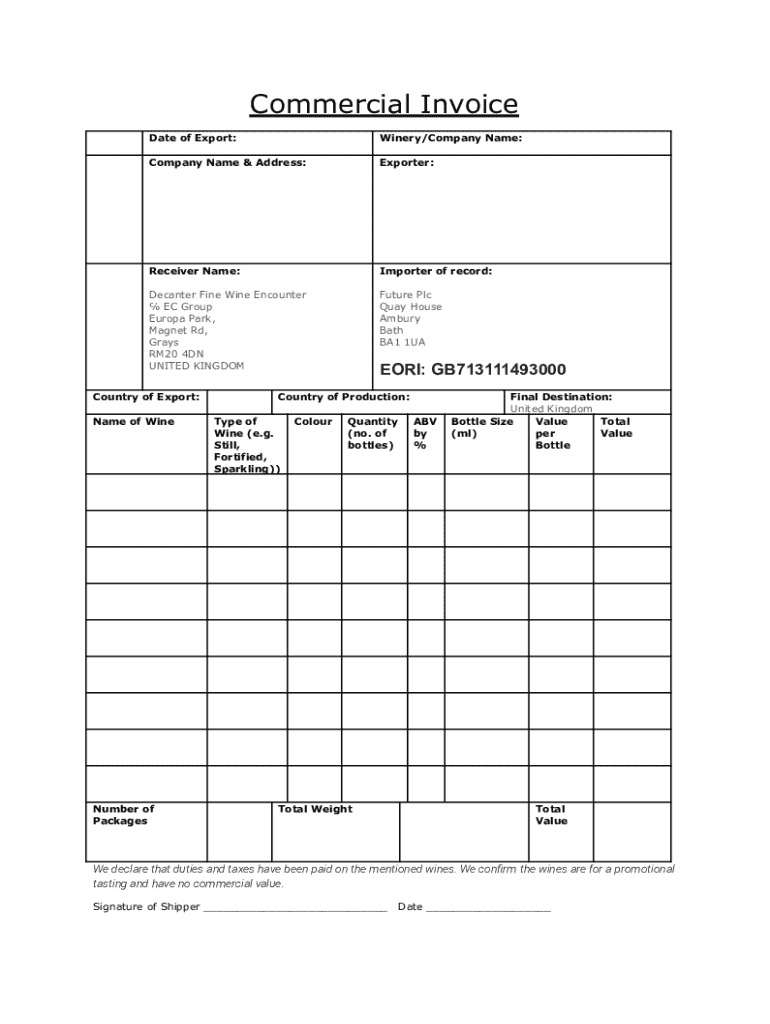 Fillable Online Commercial Invoice Template - November Fine Wine ...