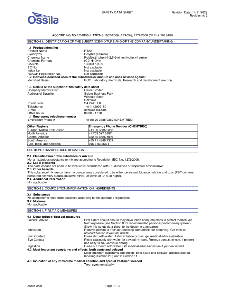 Fillable Online SAFETY DATA SHEET Revision Date: 14/11/2022 Revision Fax Email Print - pdfFiller