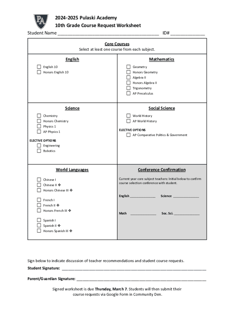 Fillable Online 10th Grade Course Request Worksheet24-25 Fax Email Print - pdfFiller