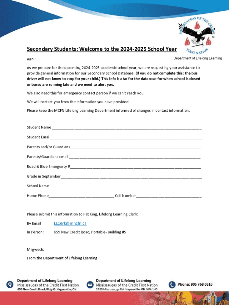 Fillable Online Secondary Students: Welcome to the 2024-2025 School Year Fax Email Print - pdfFiller