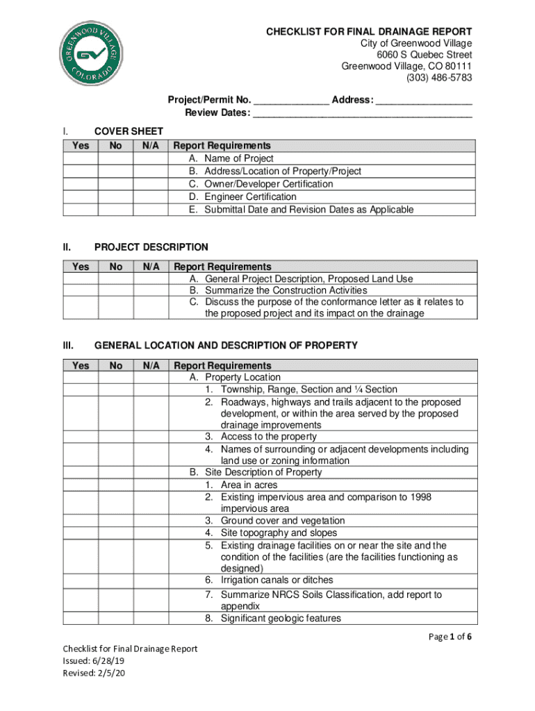 Fillable Online CHECKLIST FOR FINAL DRAINAGE REPORT City of Greenwood ...