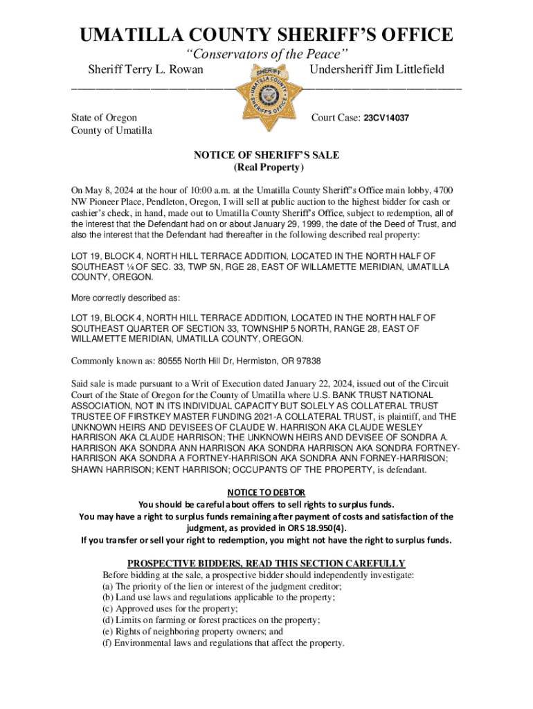 Fillable Online NOTICE OF SHERIFF\'S SALE - Umatilla County Fax Email ...
