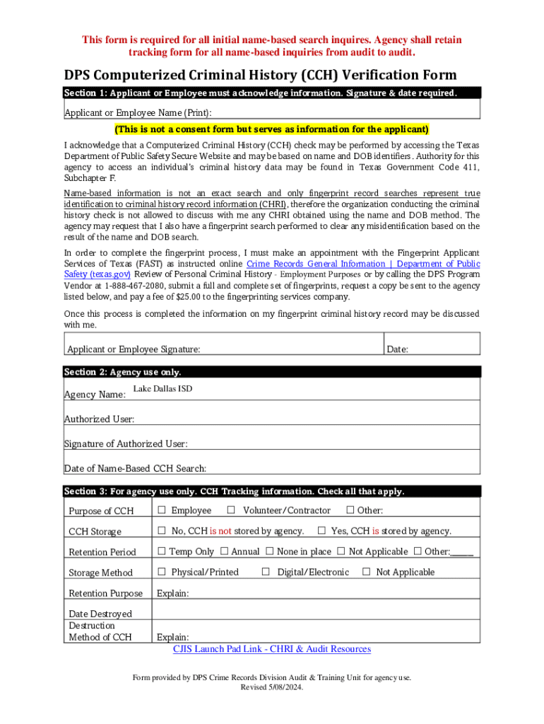 Fillable Online DPS Computerized Criminal History (CCH) Verification Form Fax Email Print ...