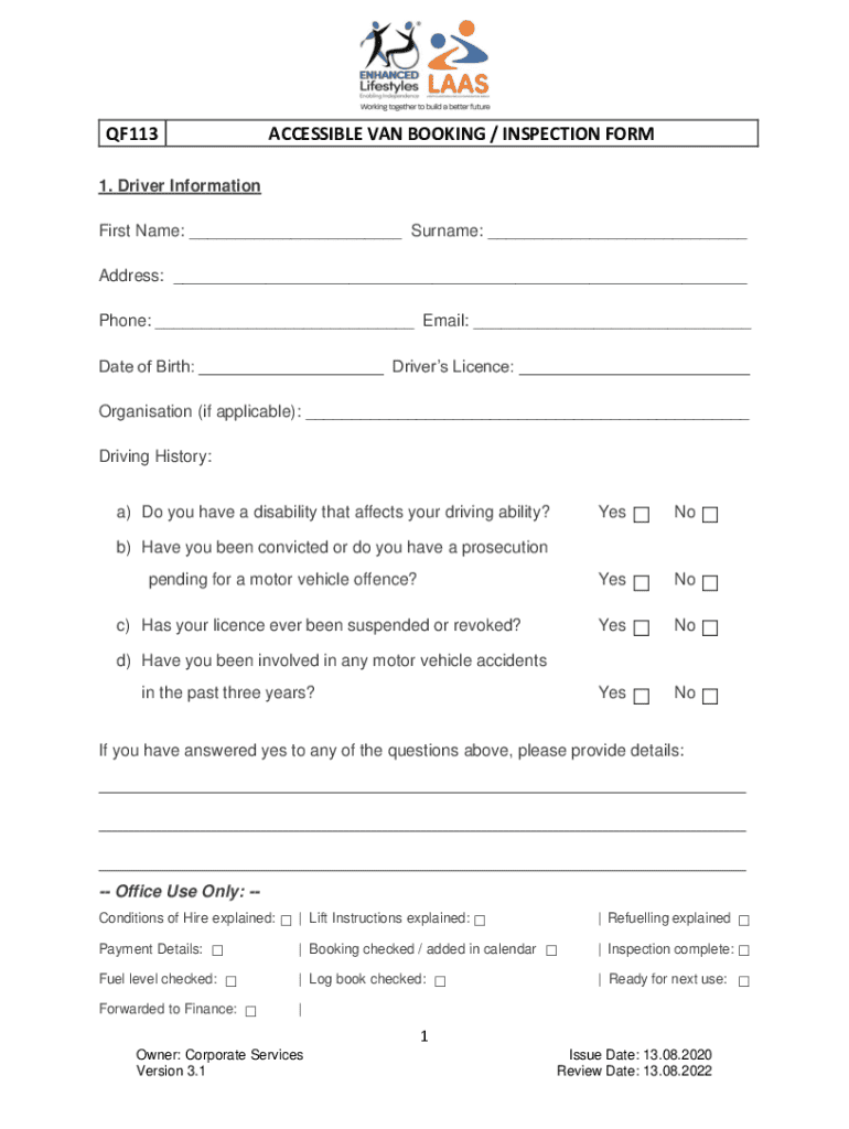 Fillable Online ACCESSIBLE VAN BOOKING / INSPECTION FORM Fax Email ...