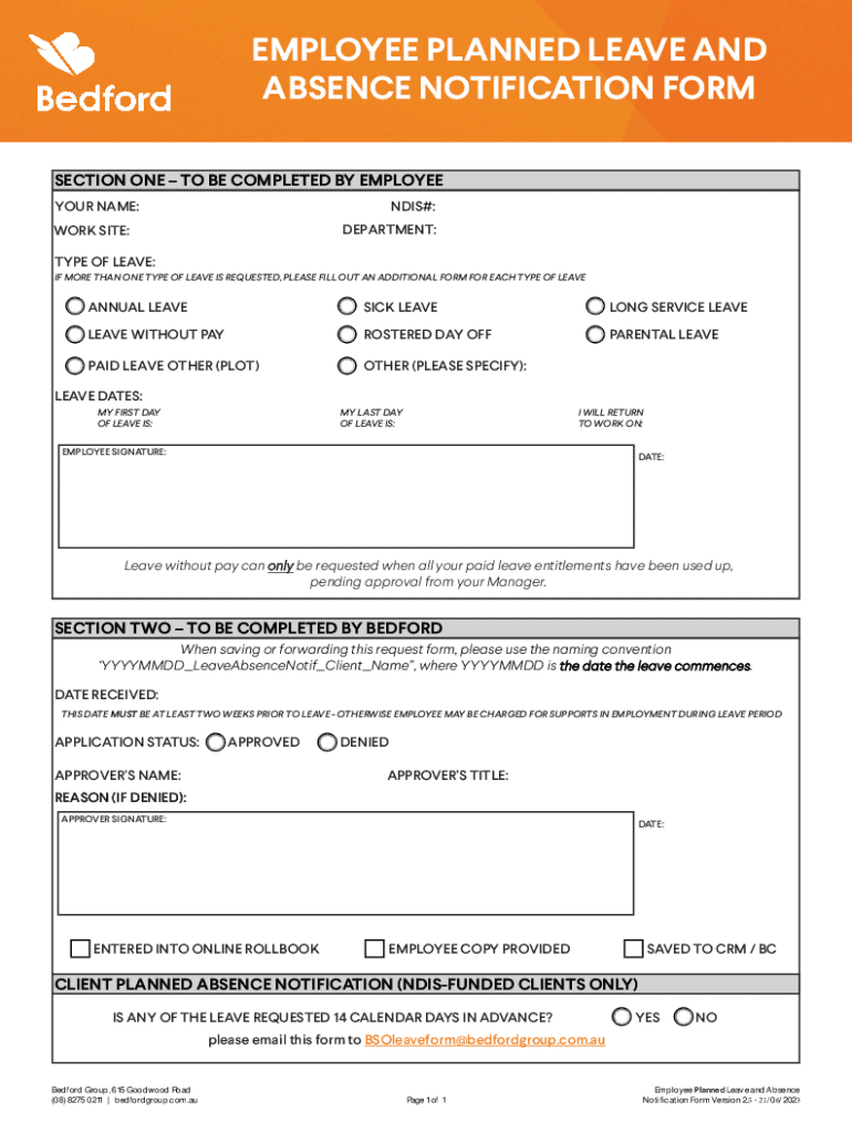 Fillable Online Employee Planned Leave and Absence Notification Form - Bedford Group 2023 Fax ...