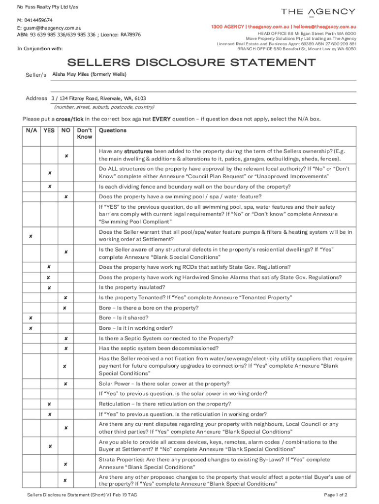Fillable Online SELLERS DISCLOSURE STATEMENT (incl. MATERIAL FACTS) Fax ...