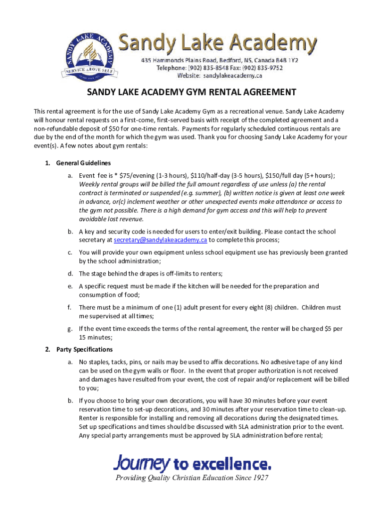 Fillable Online Sandy Lake Academy Gym Rental Agreement Guidelines 2021 ...