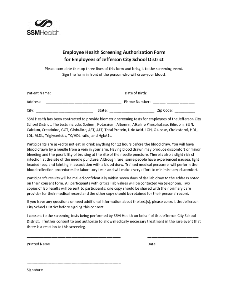 Fillable Online Employee Health Screening Authorization Form for ...