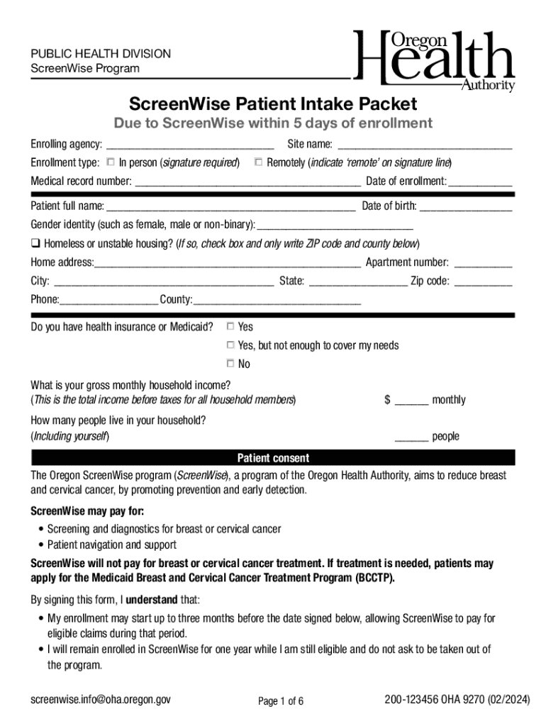 Fillable Online ScreenWise Patient Intake Packet. Due to ScreenWise ...