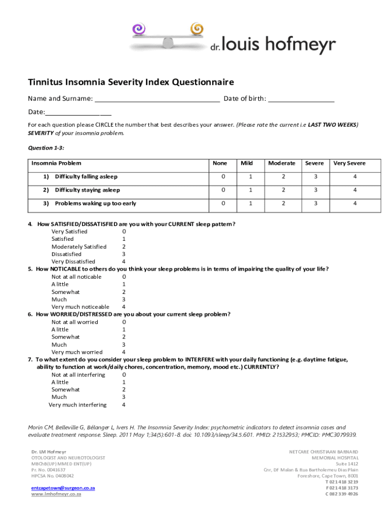 Fillable Online Insomnia Severity Index (ISI) Fax Email Print - pdfFiller