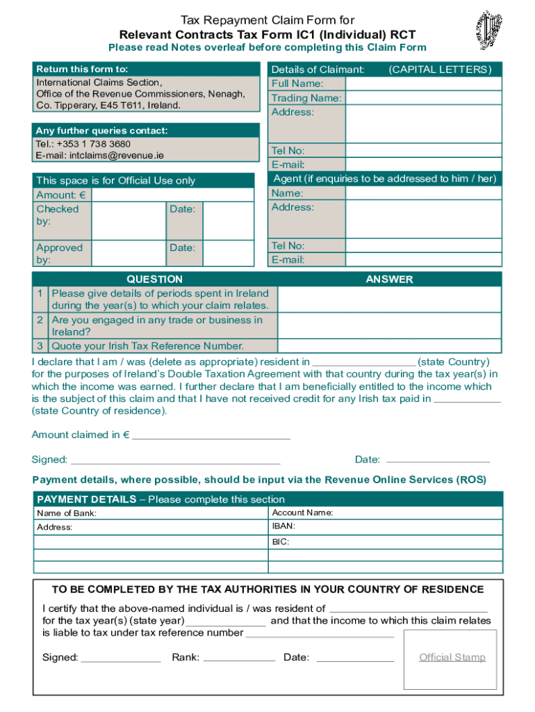 Fillable Online Form IC1. Tax Repayment Claim Form for Relevant ...